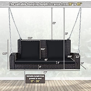 Tangkula 2-Person Wicker Hanging Porch Swing, Patiojoy Outdoor Rattan Swing Bench W/ 2 Back Cushions & 1 Seat Cushion, Sturdy Steel Chain, 800lbs Weight Capacity, Suitable for Deck, Backyard, Garden