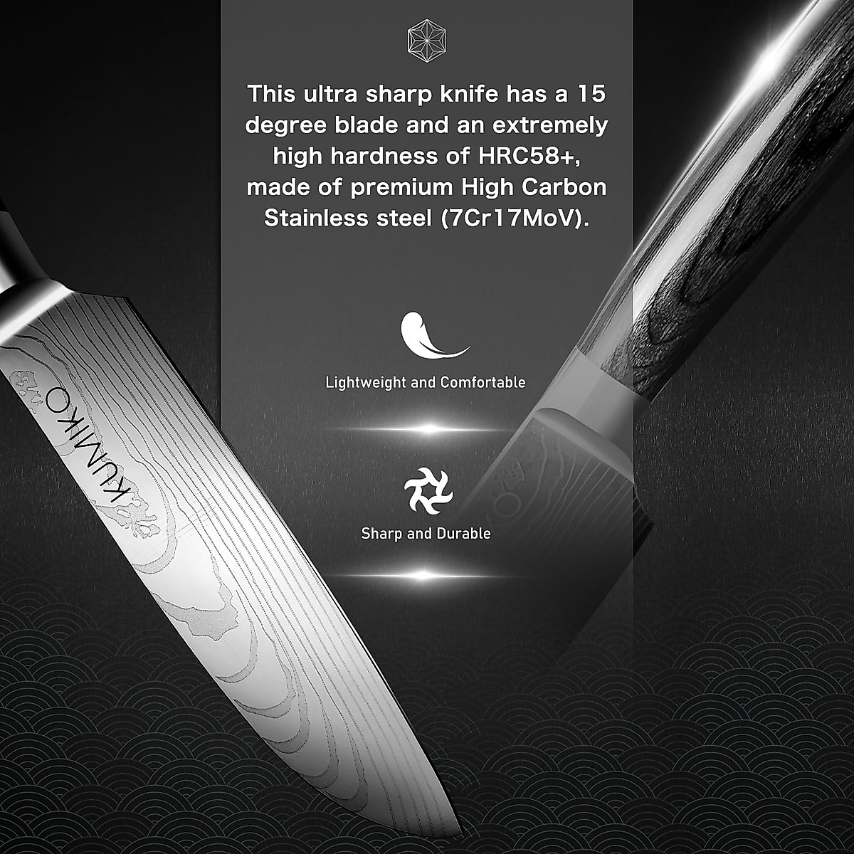 KUMIKO Kitchen Knife Set Black, Cooking Knife Set Professional, Ultra Sharp High Carbon Stainless Steel Knives (7Cr17MOV), 5 Piece Knife Set