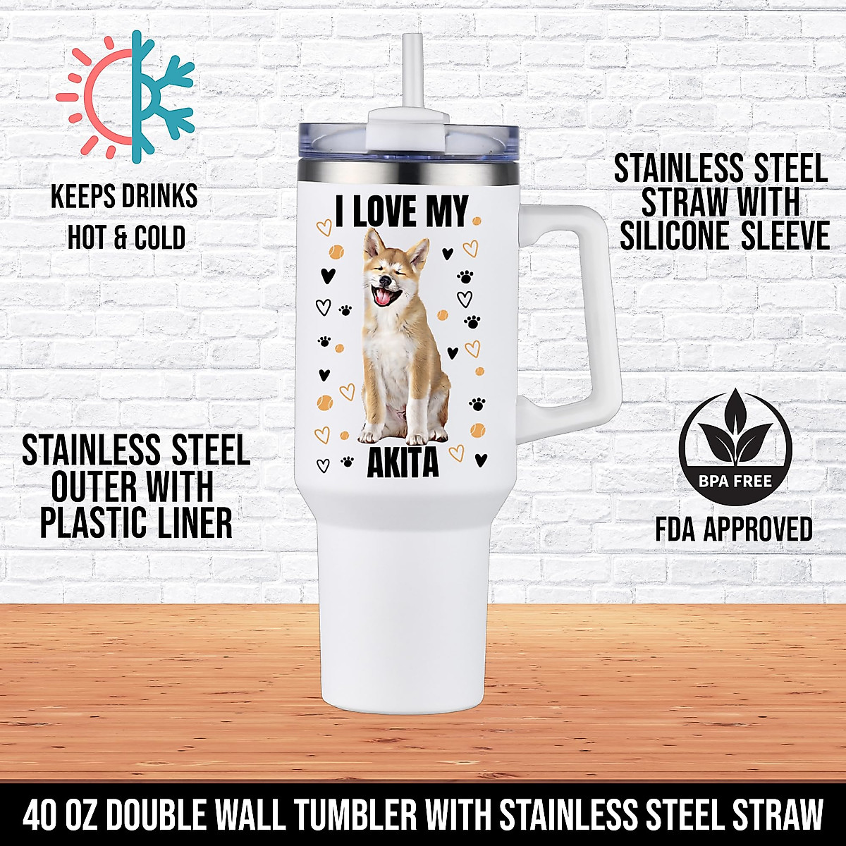 Akita Dog Mom 40 oz Insulated Tumbler with Handle and Straw - Dog Lover Gift for Women
