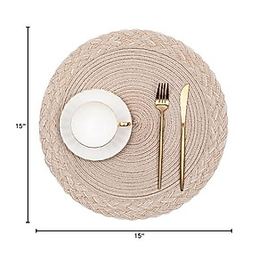 SHACOS Round Placemats Set of 6 Boho Woven Braided Border Table Mats Washable Heat Resistant 15 inch Circle Place Mats for Dining Table, Beige