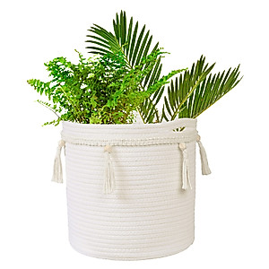 guzhiou Boho Basket with Cute Macrame Woven Tassel, Cotton Rope Storage Bins Organizer for Boho Room Decor,Bedroom Decor,Plant Basket 11"X11"