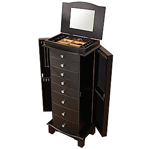 Jewelry Armoire with Mirror, 7 Drawers & 24 Necklace Hooks, 2 Side Swing Doors(Black Brown) (17.8 x 13 x 40)"