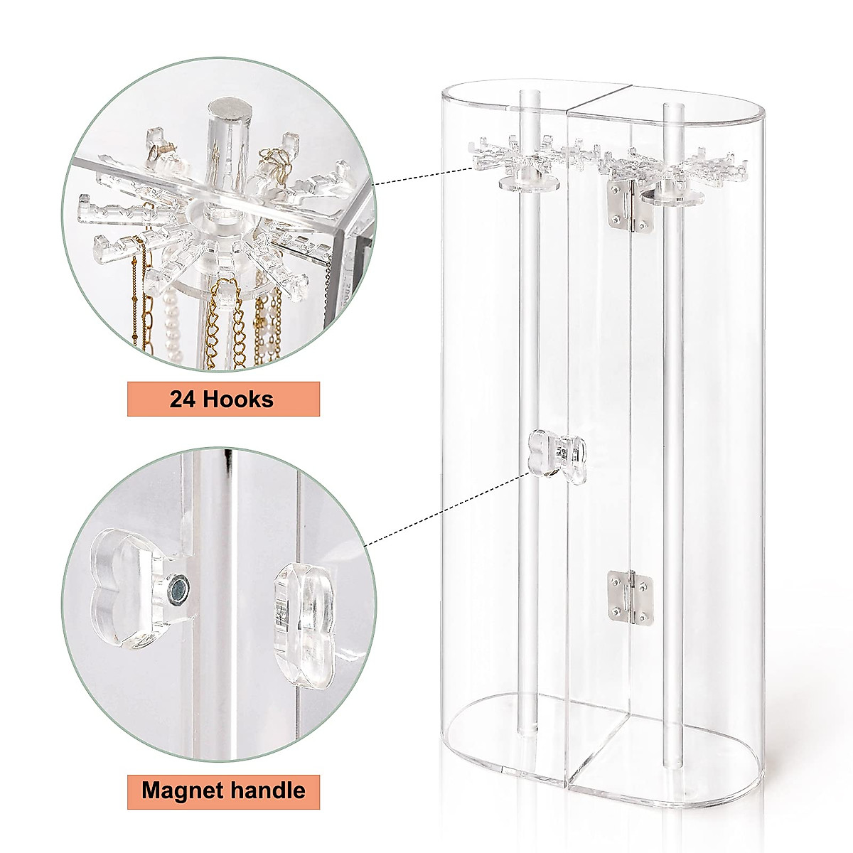 Acrylic Necklace Holder, Clear Necklace Organizer with 24 Hooks, Dustproof Rotation Jewelry Storage Holder Stand, Long Necklaces Pendant Bracelets Display Case for Dresser Bathroom Vanity Countertop