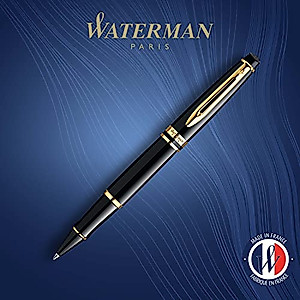 Waterman Expert Rollerball Pen, Gloss Black with 23k Gold Trim, Fine Point with Black Ink Cartridge, Gift Box