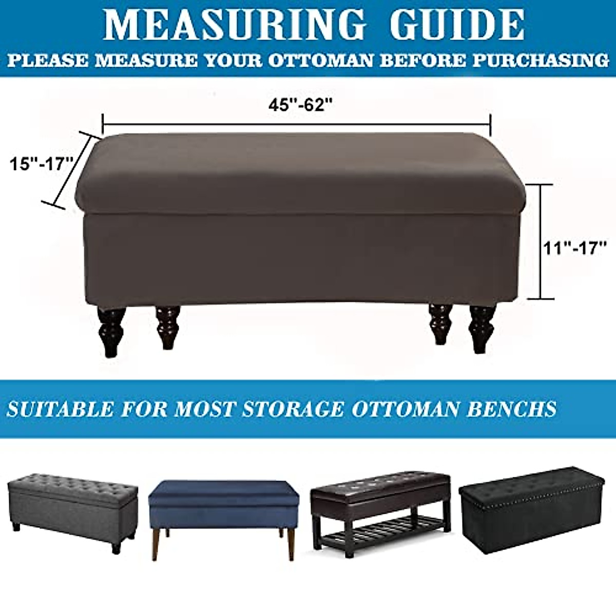 Storage Ottoman Cover,Stretch Velvet Rectangle Storage Bench Cover Jacquard Ottoman Covers Rectangle Folding Storage Bench Ottoman Cover Footrest Stool Slipcover with Elastic Bands Dark Grey Medium