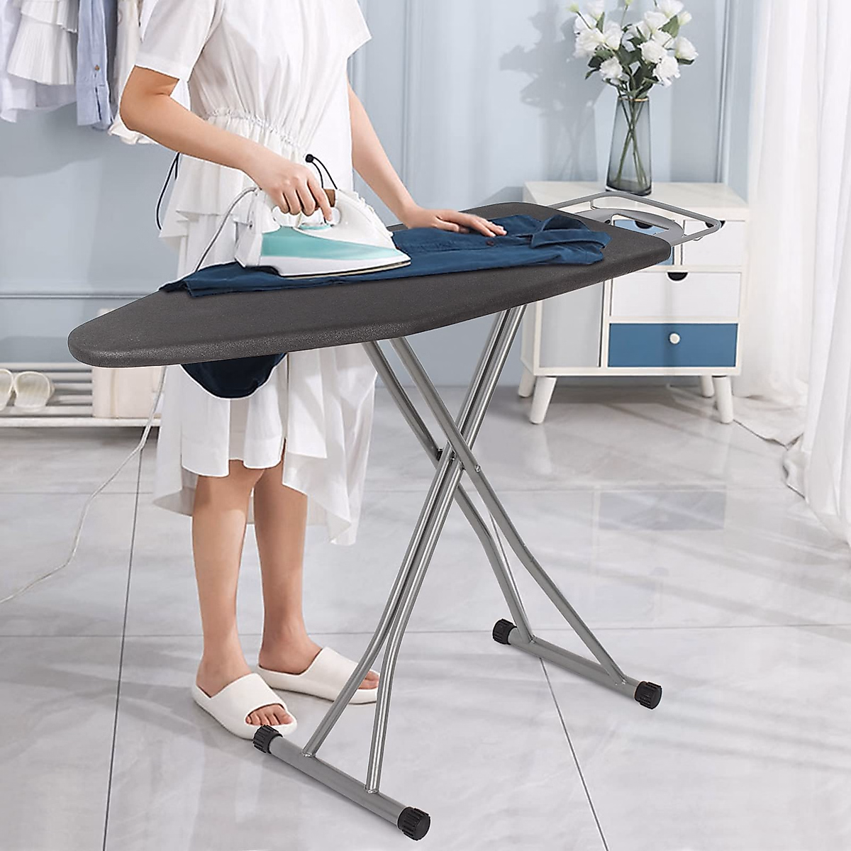 AKOZLIN 48" x 18" Extra Wide Ironing Board with Height Adjustable up to 36",Solid Steam Iron Rest,T-Leg Extreme Stability Foldable Ironing Board for Home Laundry Room Dorm Grey