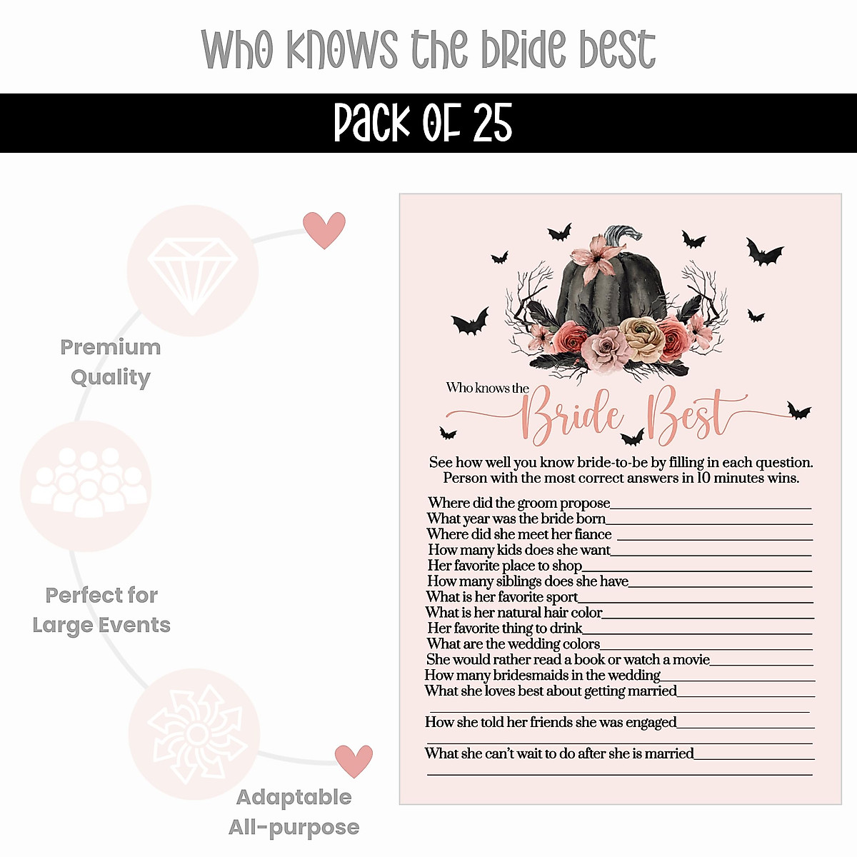 Gothic Pumpkin Bridal Shower Game Bundle - He Said or She Said & Bride Best - Halloween Wedding Guest Activity - Spooky Party Decor - Double-Sided Cards - Pink & Black - 25 Pack