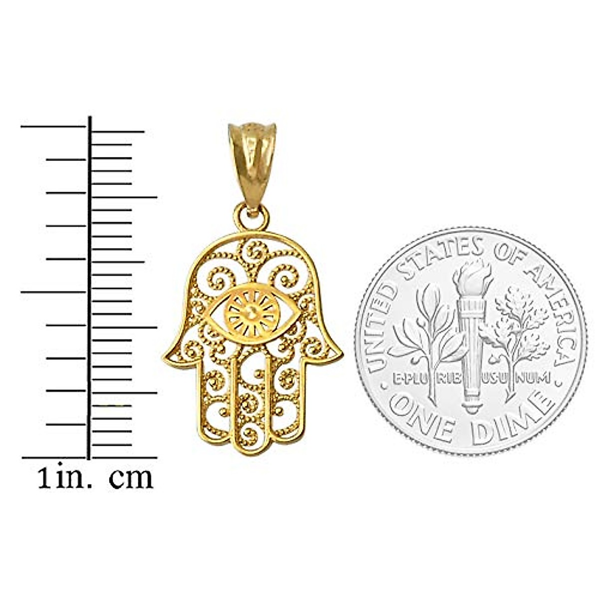 LA BLINGZ 10K Yellow Gold Hamsa Evil Eye Filigree Charm Necklace (20" Necklace)