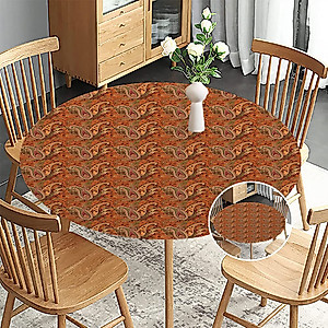 VBTGVE Round Fitted Paisleytablecloth, Paisley Pattern Floral Design with Leaves, Elastic Edge, Suitable for Dining Tables, self-Service Parties and Camping, Fit for 44" Table, Orange Green