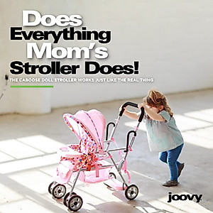 Joovy Toy Caboose Baby Doll Stroller Featuring Reclining Front Seat, Adjustable Footrest, Storage Basket, Extendable Canopy, and Snack Tray - Holds 3 Dolls (Pink Dot)