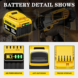 2Pack DCB200 9.0Ah Battery Replacement for Dewalt 20V Max Battery Lithium Ion Compatible with Dewalt Battery DCB204 DCB206 DCB201 DCB203 DCD DCF DCG Series Cordless Power Tools