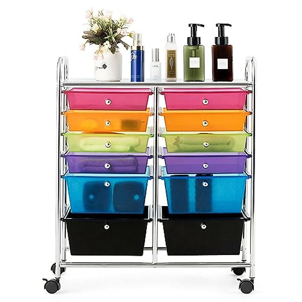 12-Drawer Rolling Storage Craft Cart and Organizer - Rolling Organizer Cart Tools and 4 Universal Casters (Transparent Multicolor)