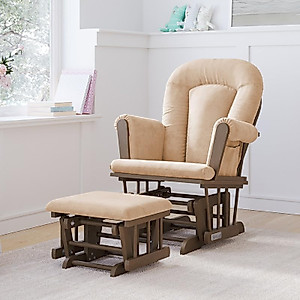 Child Craft Tranquil Glider Rocker and Ottoman Set, Extra Thick Padded Cushion with Convenient Storage Pockets, Solid Wood Base & Frame (Cocoa Bean Brown Frame with Tan Microfiber Foam Cushion)