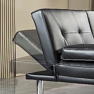 ERYE Modern Futon Sofa Loveseat Convertible Sleeper Couch Bed for Small Space Apartment Office Living Room Furniture Sets, Upholstered Love Seat Sofabed, Black PU Leather Tufted Cupholders Metal Legs