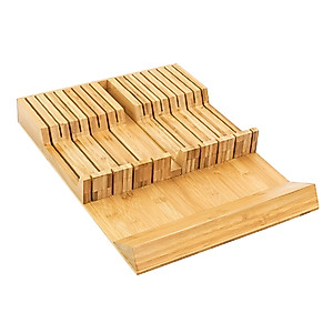 Diosbles In-drawer Bamboo Knife Block, Knife Drawer Organizer Insert, Kitchen counter organization, Knife holder without Knives, fit for 16 knives and 1 Sharpening Steel