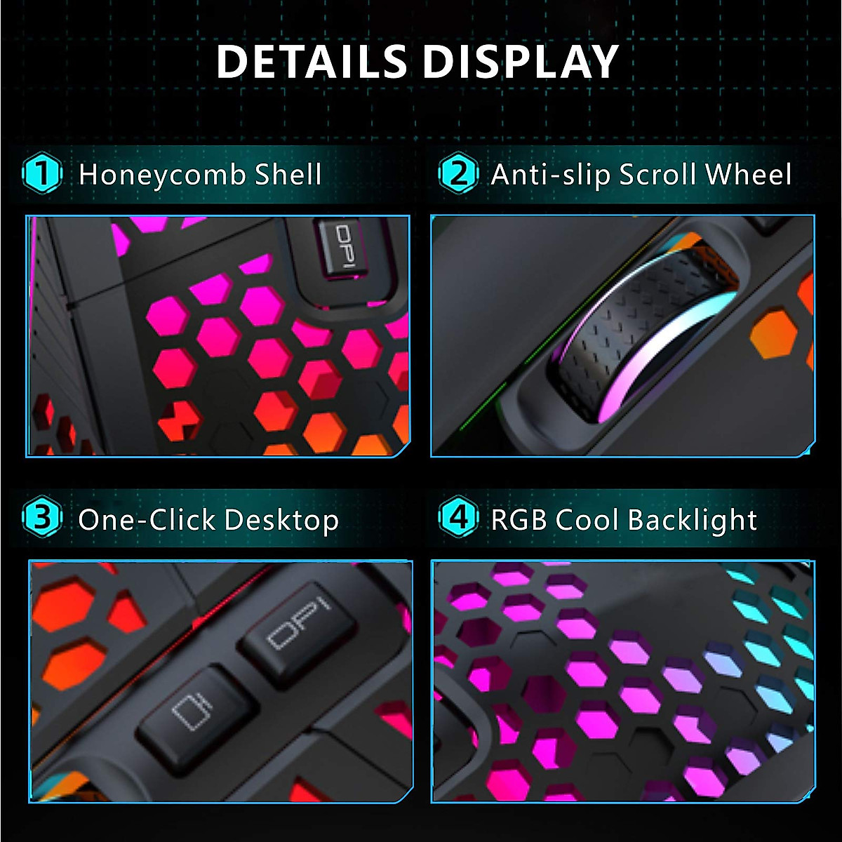 Uiosmuph X801 Wired Gaming Mouse, Honeycomb Lightweight Gaming Mouse with RGB Backlit, 7 Programmable Buttons and One-Click Desktop, 8000 DPI Optical USB Gamer Mouse for Mac, Laptop, Computer - Black
