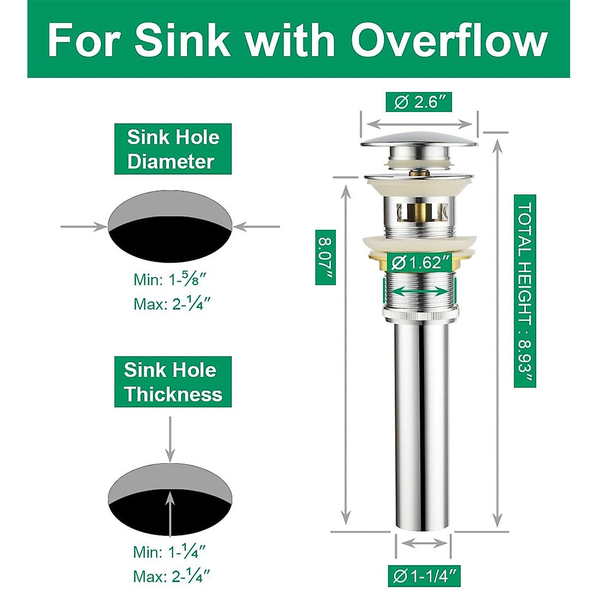 Purelux Bathroom Faucet Vessel or Vanity Sink Spring Pop Up Drain Stopper with Overflow, Brushed Nickel Finish