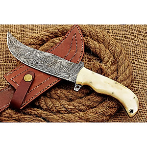 HUNTEX Handmade Hand-Forged Twist Pattern Damascus Steel 11 Inch Long Full Tang Camel Bone Handle Razor Sharp Hunting Camping Trail Knife w/Genuine Leather Sheath