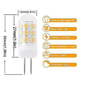 G4 LED Bulbs 120V G4 Bi-Pin Base Light Bulbs 120V G4 3.5W Warm White 3000k 120lm/w Equivalent to 35W G4 Halogen for Under-Cabinet Lights Ceiling Lights Table Lights Puck Lights (Pack of 5)