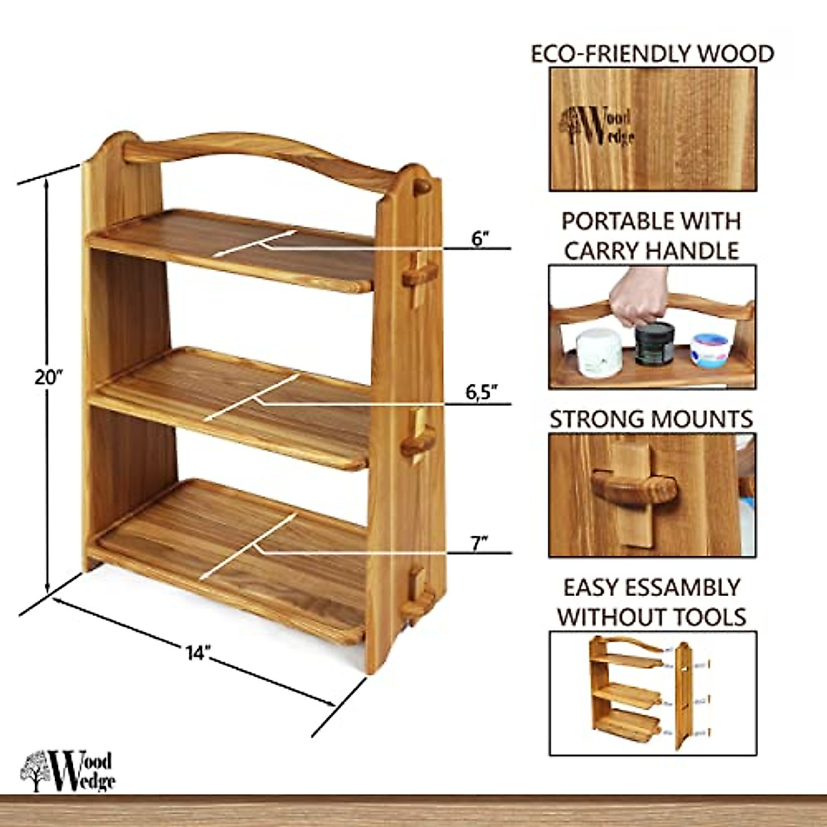 Wood Shelves, 3 Tier Storage Organizer, 100% Ash Wood, Holder Handcrafted for Bathroom Living Room, Bedroom, Kitchen, Wood Rack for Countertop, Made in Europe, Gift Idea (Natural, 20x14x7)