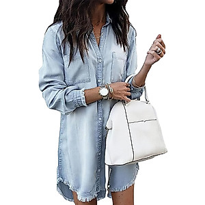 Zilcremo Women Denim Shirt Dresses Long Sleeve Distressed Jean Dress Button Down Casual Tunic Top Lightblue XXL
