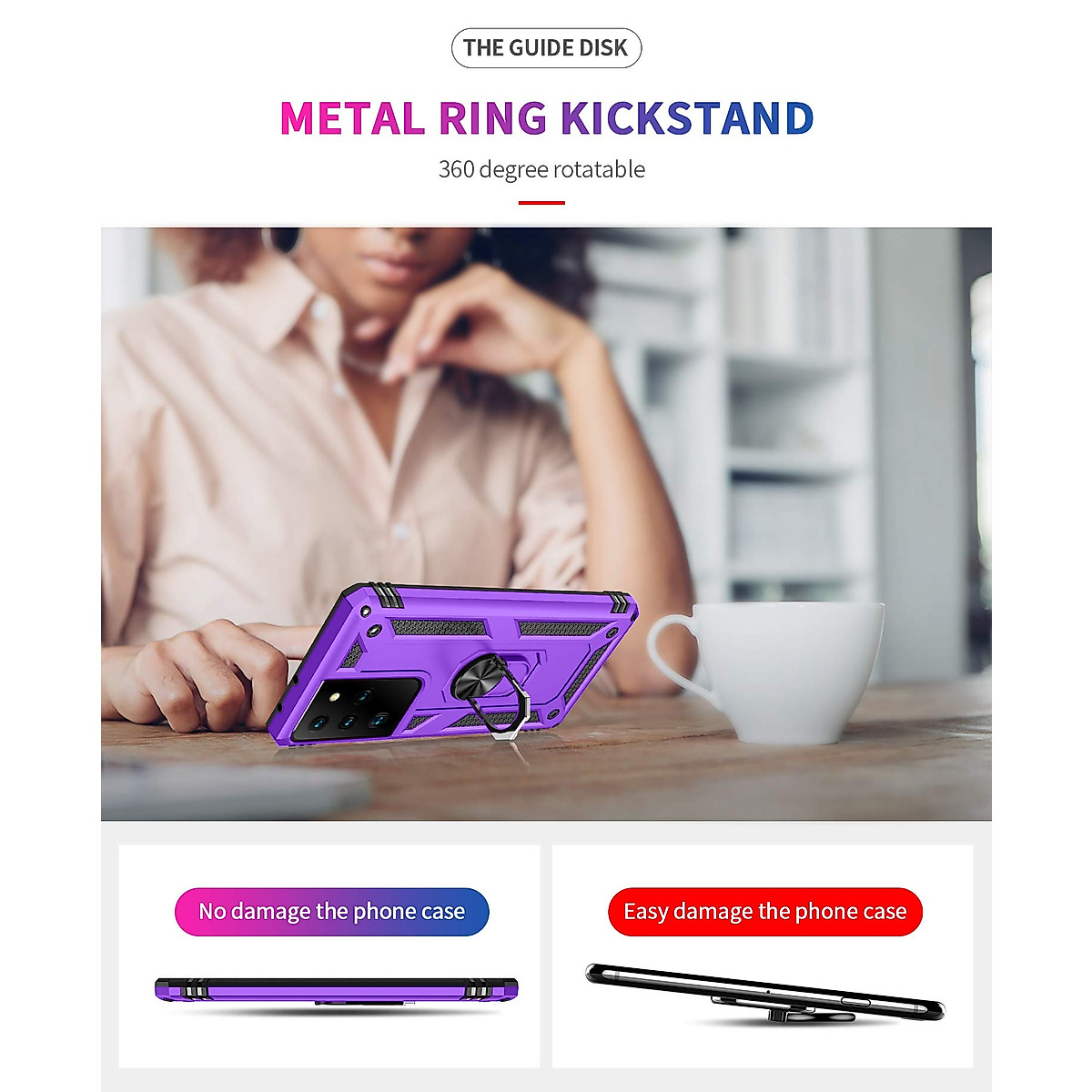 Androgate for Samsung Galaxy S21 Ultra 5G Case with HD Screen Protectors, Military-Grade Metal Ring Holder Kickstand 15ft Drop Tested Shockproof Cover Case for Samsung Galaxy S21 Ultra Purple