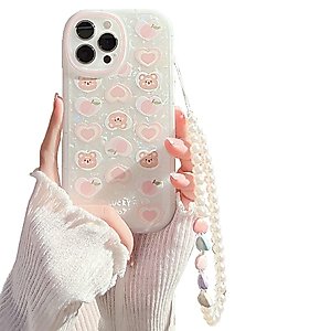 LOLAGIGI for iPhone 13 Case Pink Heart Peach Bear Cute Shell Pattern Kawaii Cartoon Girly Print Design Aesthetic for Women Girls TPU Case with Lovely Peal Charm Lanyard Beaded Accessories