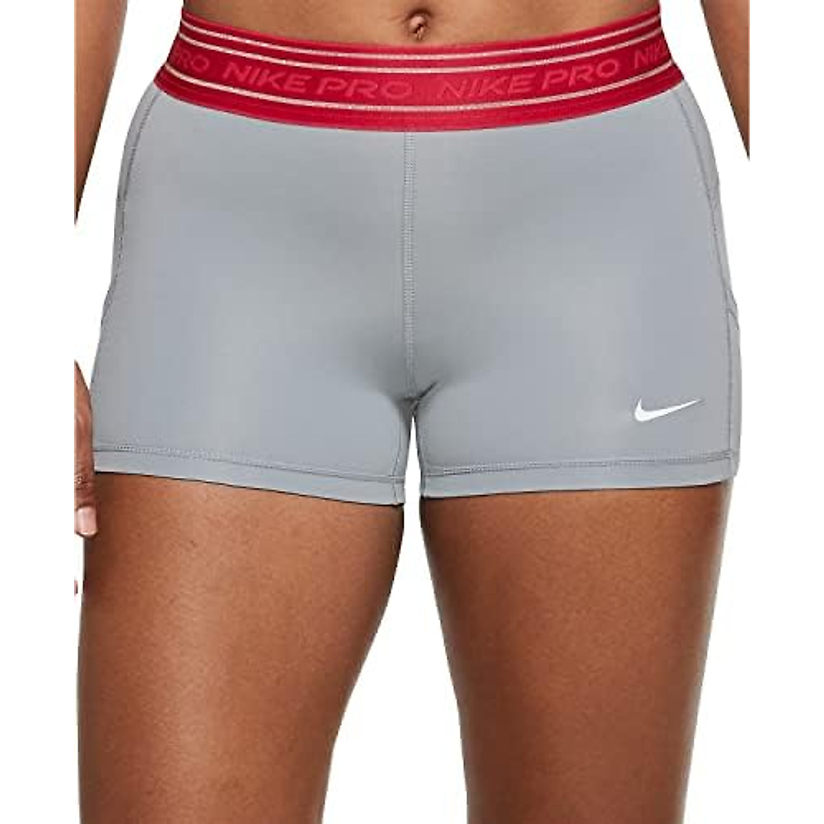 Nike Women's Pro Dri-FIT Mesh-Pocket 3" Mid-Rise Pocketed Training Shorts (as1, Alpha, s, Regular, Regular, Gray/Red, Small)