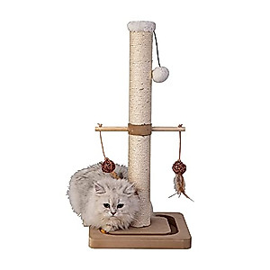 PEEKAB Cat Scratching Post Premium Sisal Toll Scratch Posts with Tracking Interactive Toys Vertical Scratcher for Indoor Cats and Kittens- 25 inches Beige