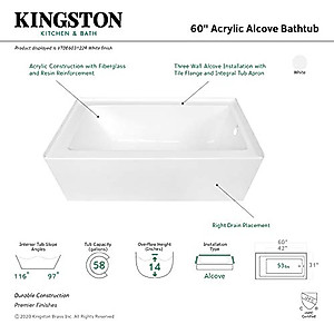 KINGSTON BRASS VTDE603122R 60-Inch Contemporary Alcove Acrylic Bathtub with Right Hand Drain and Overflow Holes, White