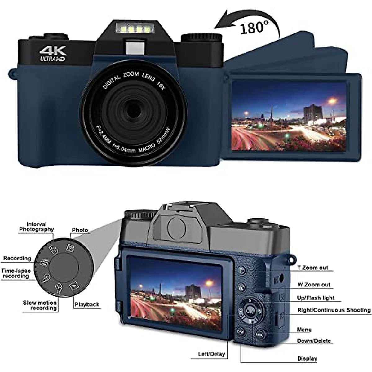 eDealz 4K 48MP Digital Camera Photography with 3’’ 180° Flip Screen, WiFi, 16X Zoom, Rechargeable Battery, 64GB Micro SD Card, 6 PC Card Holder USB Card Reader (Navy)