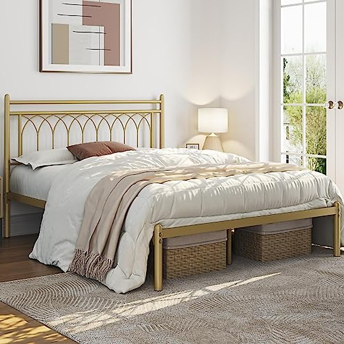 Yaheetech Queen Size Bed Frame Metal Platform Bed with Petal Accented Headboard, Mattress Foundation with Spacious Underbed Storage,No Box Spring Needed, Easy Assembly Queen Bed Frame, Antique Gold