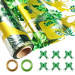 Geyee Safari Cellophane Wrap Roll with Pull Bows and Ribbons 98 Feet x 32 Inches Cellophane Wrap Jungle Animal Gift Wrapping Paper for Jungle Safari Baby Shower Birthday Summer Party Supplies