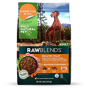 Only Natural Pet Raw Blends Grain-Free Dog Food, High Protein All-Natural Whole Ingredients & 100% Raw Meat Bites, Poultry Feast, Low Phosphorus, Dehydrated Mix for Large Breed & Picky Eaters, 4 lb