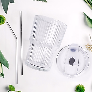 RÉΑLWÁY 16 OZ Iced Coffee Cups with Lids and Straws Set of 4, Unbreakable Plastic Drinking Glasses Reusable Iced Coffee Glass to Go Cup for Iced Tea,Juice, Water,BPA Free, Dishwasher Safe