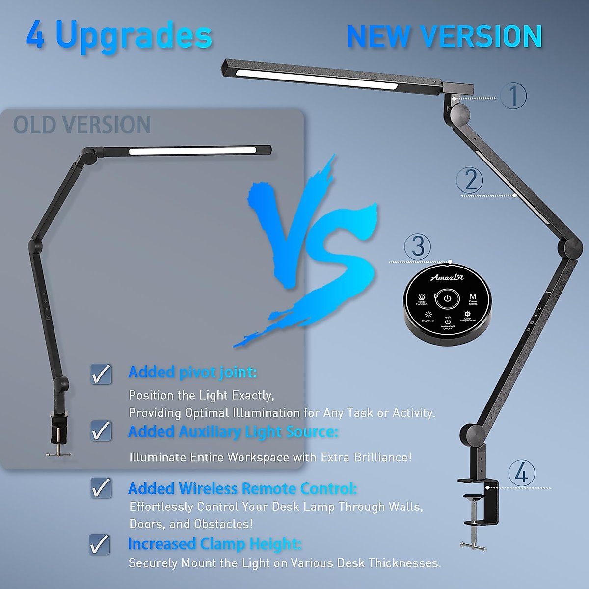 AmazLit Desk Lamp, Desk Light with Clamp, Stepless Dimming & Adjustable Color Temperature Modern Eye-Caring Architect Lamp with Memory & Timing Function for Study, Work, Home, Office, 15W