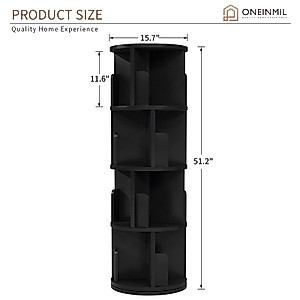 oneinmil 360°Rotating Bookshelf, Small Corner Bookcase with a Small Footprint, 4 Tier Standing Bookcase for Kids & Adults, Wood Bookshelf Designed for Bedroom, Living Room, Black