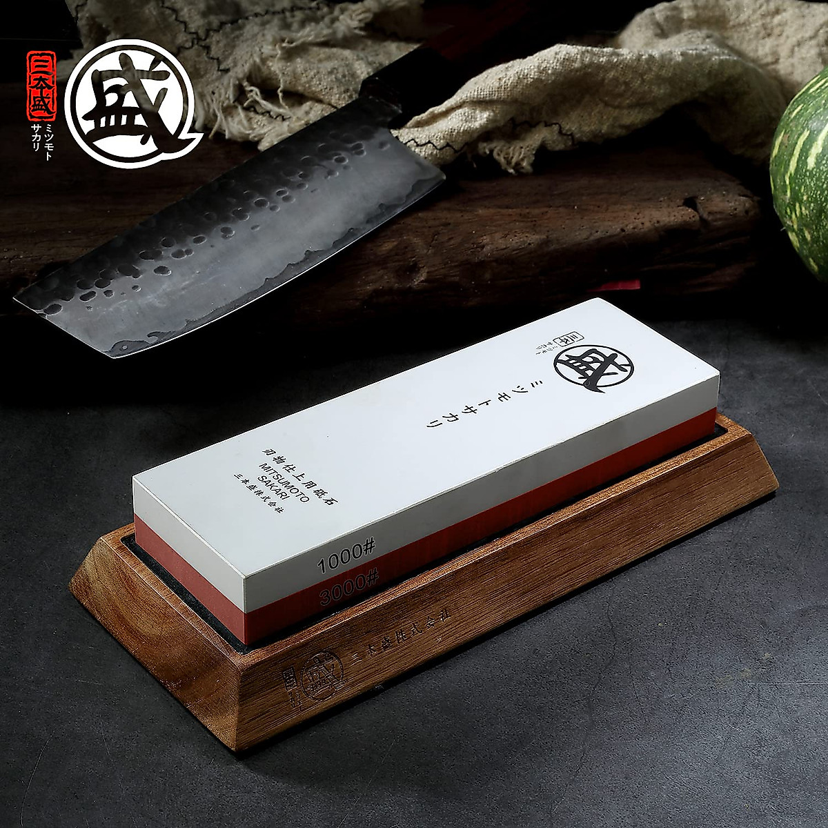 MITSUMOTO SAKARI Japanese Knife Sharpening Stone, Professional Kitchen 1000/3000 Grit Knife Sharpener Stone, Anti-Slip Bamboo Seat Sharpener Whetstone