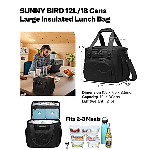 SUNNY BIRD 12L Large Insulated Lunch Bag, Leakproof and Foldable Lunch Cooler Box for Women Adult and Men, Fits 18 Cans (Black 01)