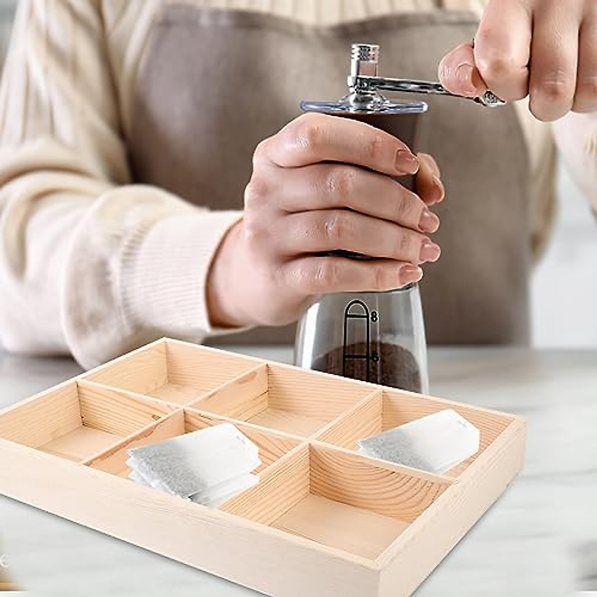 Tea Bag Holder Bamboo Tea & Food Storage Organizer Container Box 6 Compartment Tea Coffe Packet Box Wooden Sugar Bag Box for Tea Bags Coffee Snacks Sugar Sweeteners Small Packets