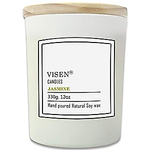 Soy Scented Candles, Natural Organic Candles for Home Scented with Thick Frosted Glass and Bamboo Wood Lid, 12 Oz/50 Hour Long-Lasting, Highly Scented Candle for Fall Decor Great Gifts(Jasmine)