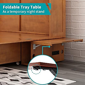 BALUS Cabinet Bed with Queen Size Mattress, Modern Murphy Bed with USB Charging Station, Foldable Tray Tables, Storage Drawer - Cherry Red