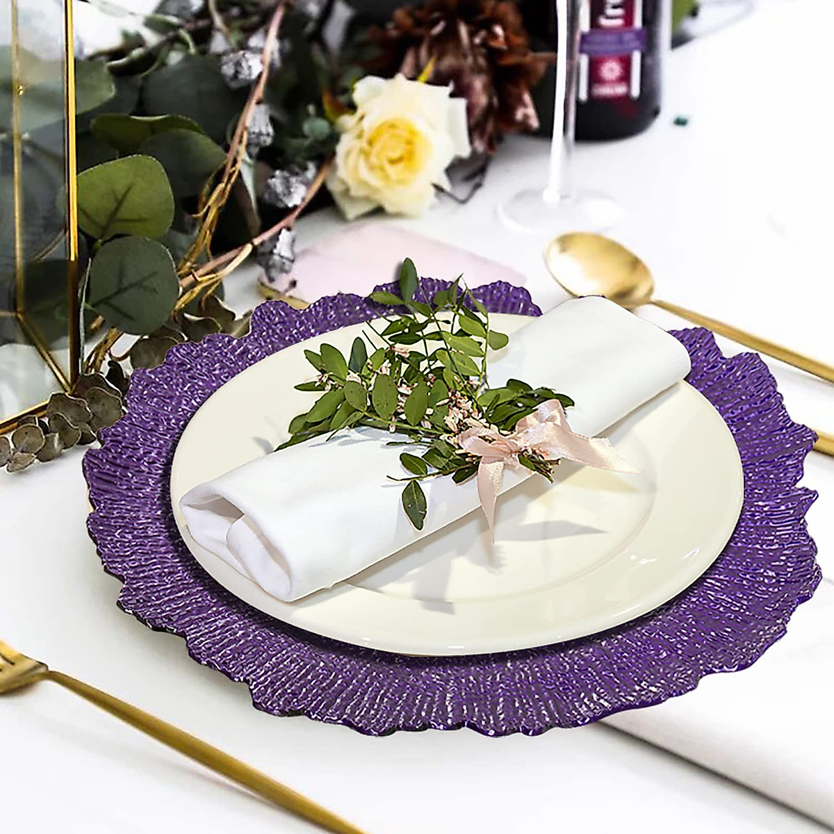 WUWEOT 12 Pack Purple Charger Plates, 13" Plastic Reef Dinner Under Plates, Round Charger Service Base Plates Bulk with Ruffled Rim for Party, Wedding, Catering Event, Tabletop Decor