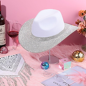 Silicherry Rhinestone Cowboy Hat Glitter Cowgirl Hat with Glasses Headscarf for Men Women Adult Bling Cowboy Costume Cosplay(White, Classic Style)