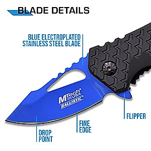 MTech USA – Spring Assisted Folding Knife – Blue Fine Edge Stainless Steel Blade with Black Nylon Fiber Handle, Bottle Opener, Pocket Clip, Tactical, EDC, Self Defense- MT-A882BL