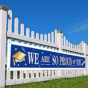 Large Huge 2023 Graduation Party Banner We are So Proud of You Congrats Grad Hanging Banner Backdrop Background Photo Prop Booth Graduation Party Decoration (Blue with White Words)