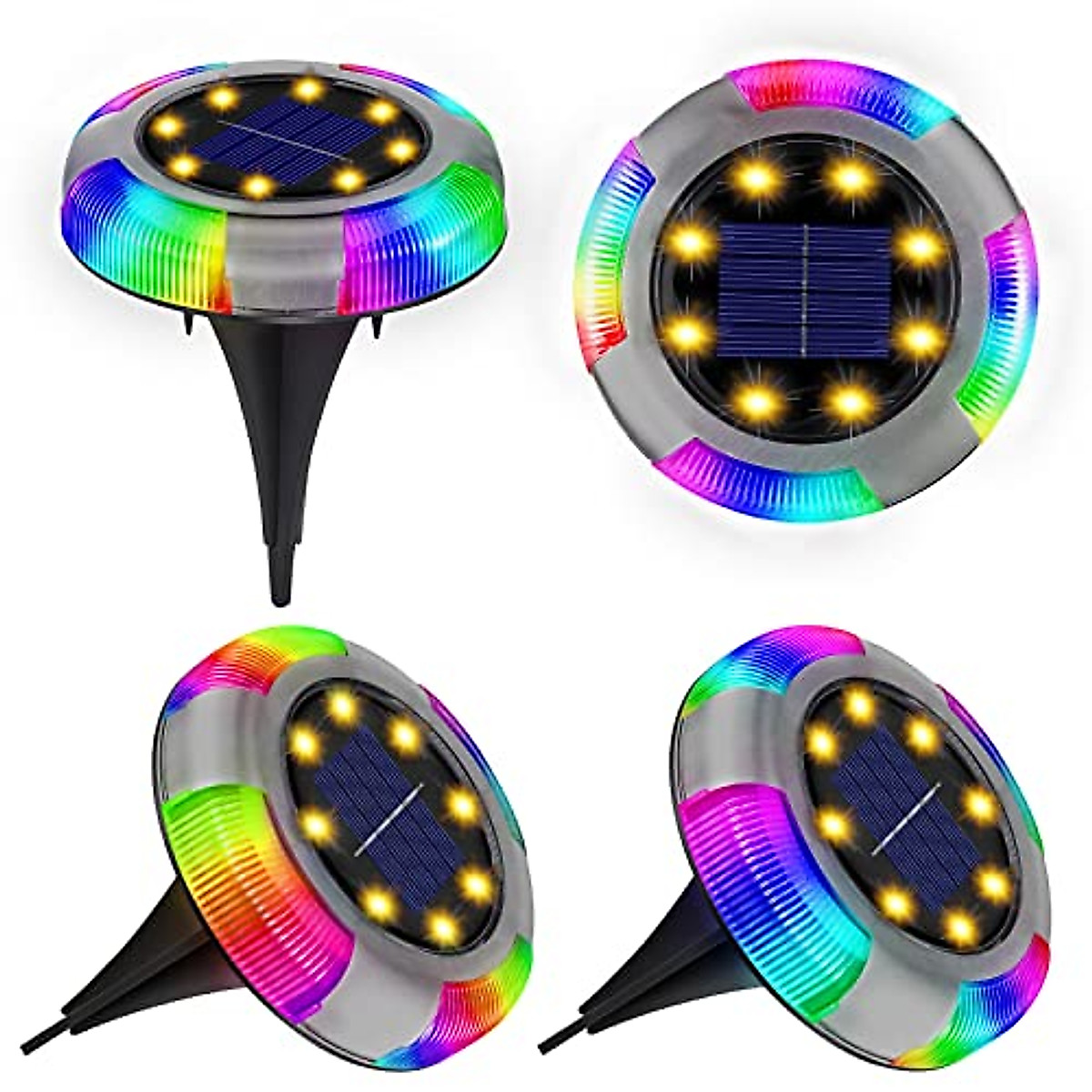 Mutois 4-Pack Solar Ground Lights Outdoor, Waterproof Solar Garden Lights with 8 Warm Lights & Multi-Color Auto-Changing Light, Upgraded Bright in-Ground Lights, Landscape Light for Pathway Yard Lawn