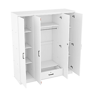 4 Door Wardrobe Armoire Closet with Storage Shelevs Freestanding Wardrobe Cabinet with One Drawer and Hanging Rod Clothes Cabinet Organizer for Bedroom, 59.2" L x 19.2" W x 67.9" H (White)