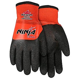 MCR Safety Ninja Coral N9695 Work Gloves, 15 Gauge Orange Nylon Shell, Black Coating with Full PVC DIP, Medium