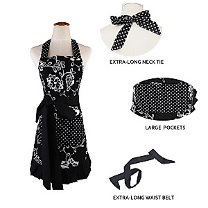 Surblue Women Vintage Ruffle Floral Apron with 2 Pocket, Adjustable Extra-Long Tie,100% Organic Cotton Printing, Black